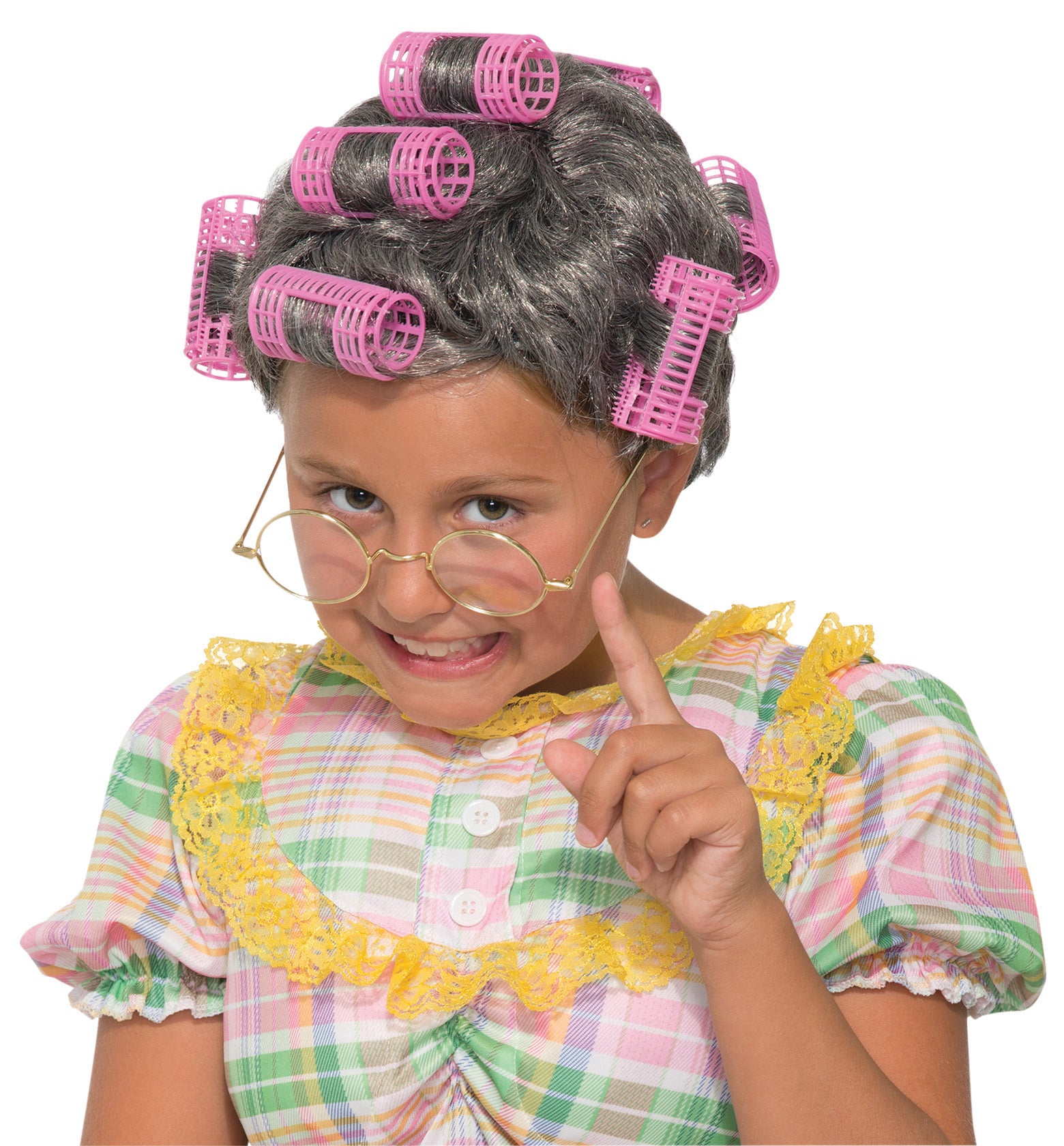 Girls' Old Lady Wig with Pink Curlers